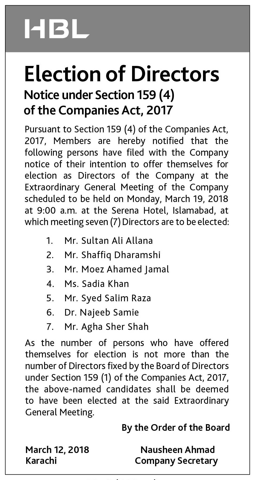 HBL | Investor Relations | Election Of Directors
